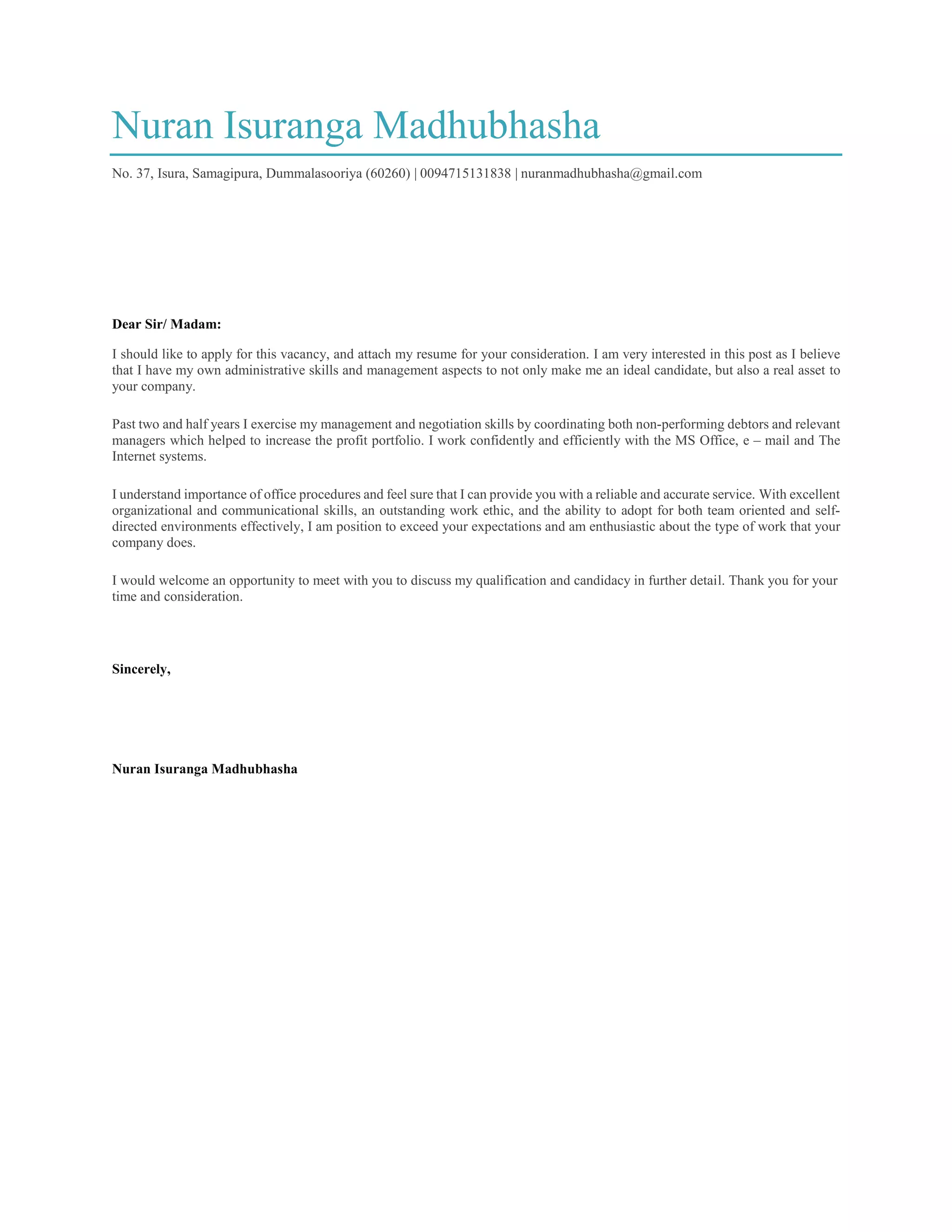 Covering Letter Nuran Isuranga Madhubhasha | PDF