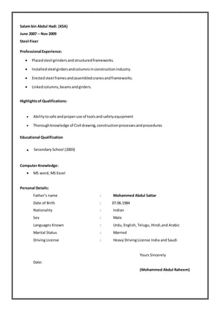 MA.Raheem Foreman Steel Fixer C.V | DOCX