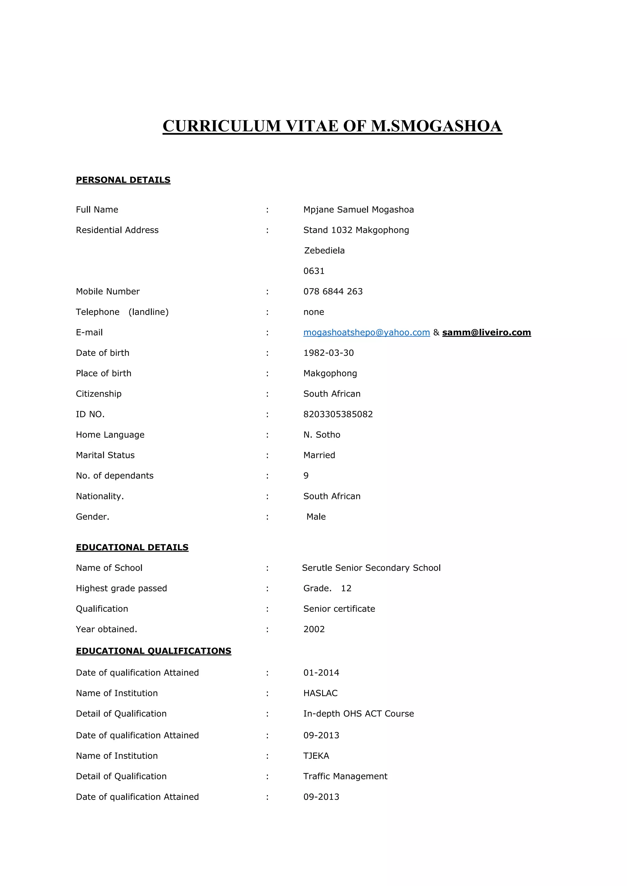 CURRICULUM VITAE OF M.S Mogashoa docx - Copy | PDF