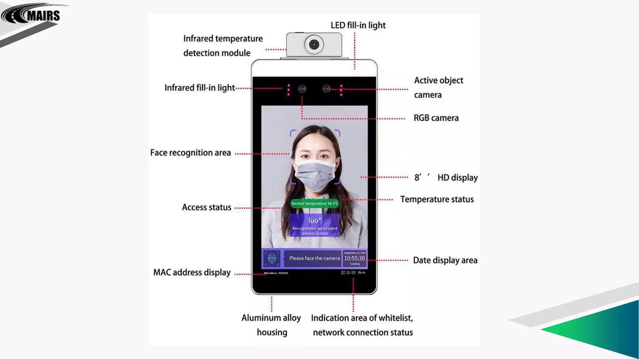 8” face recognition temperature scanner - Mairsturnstile.com