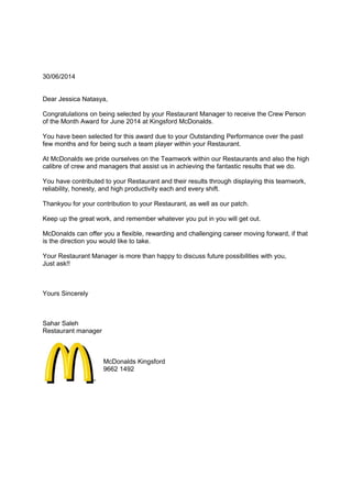 Crew of the Month Letter | DOC