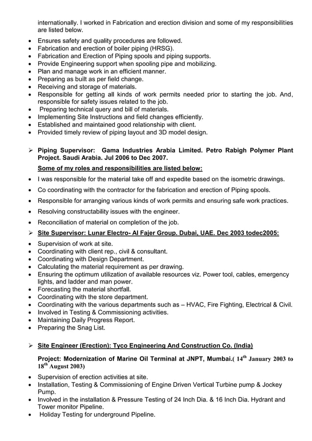 RESUME PIPING SUPERVISOR | PDF | Civil Engineering Industry | Industries