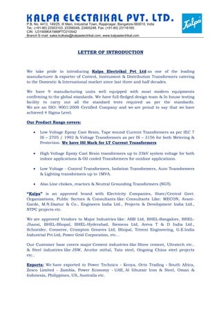 Introduction Letter - Kalpa Electrikal Pvt. Ltd | PDF