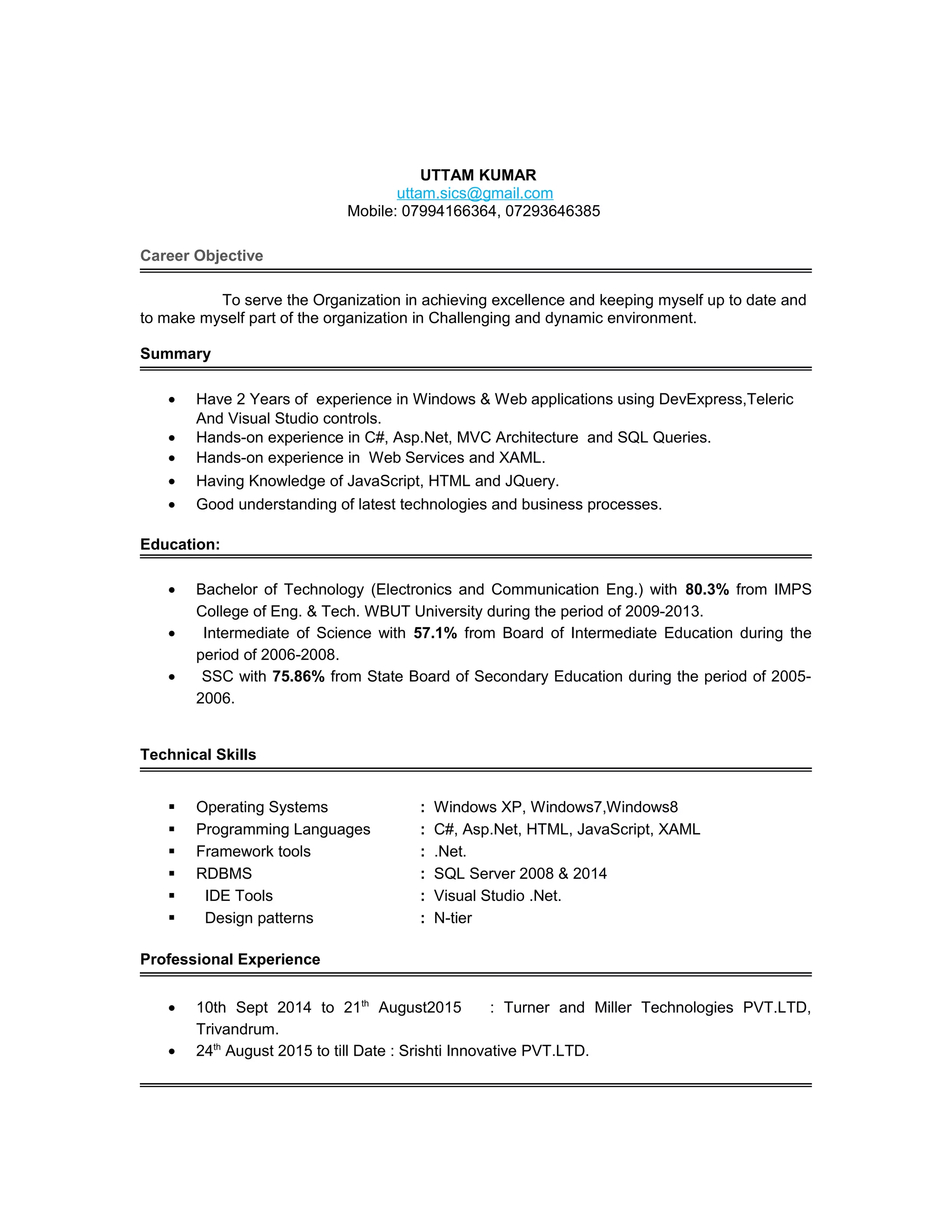 Uttam Resume(Dot Net Developer) | DOC | Programming Languages | Computing