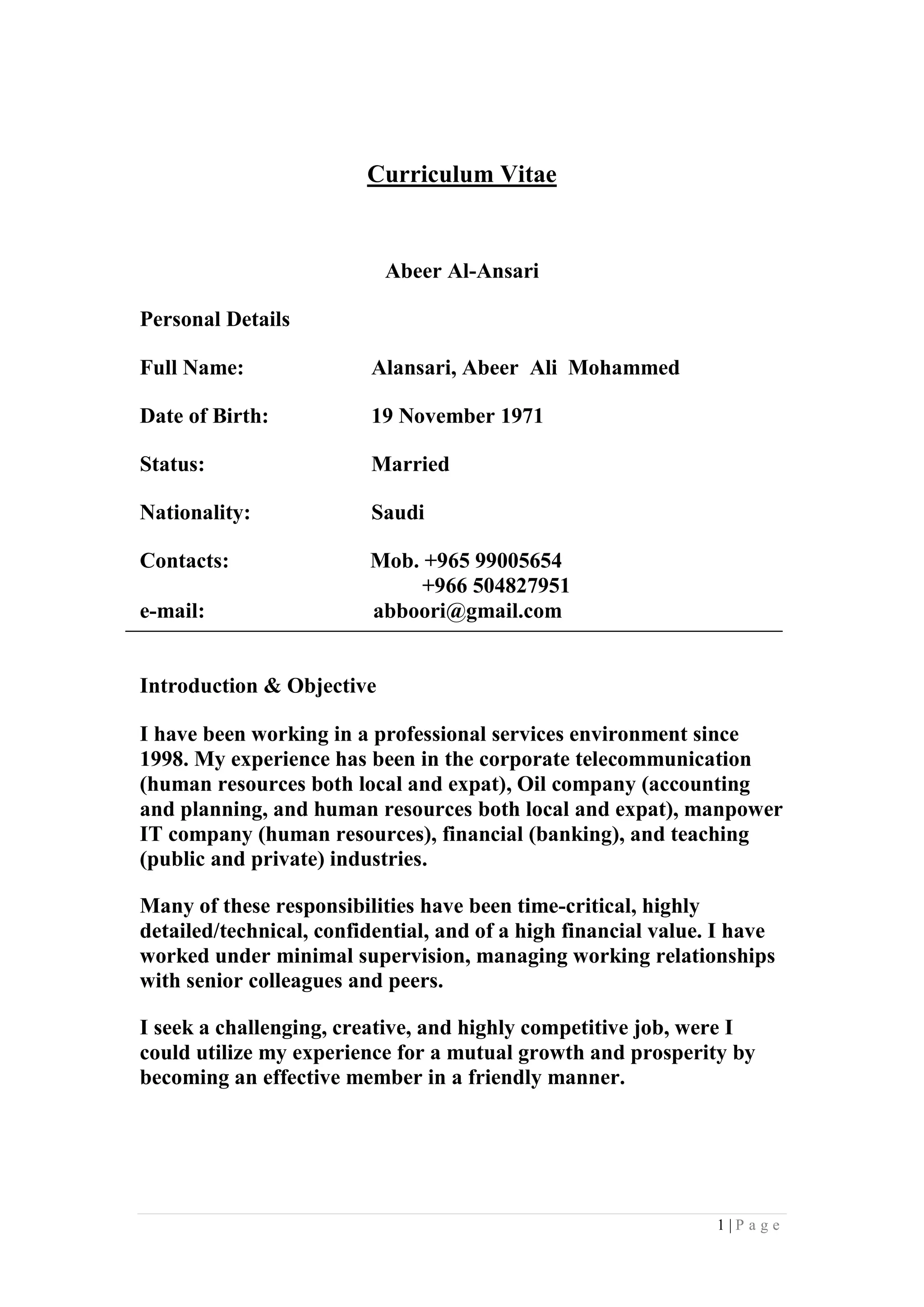 Abeer_Al-Ansari_resume_ 11-14 | PDF | Human Resources | Business