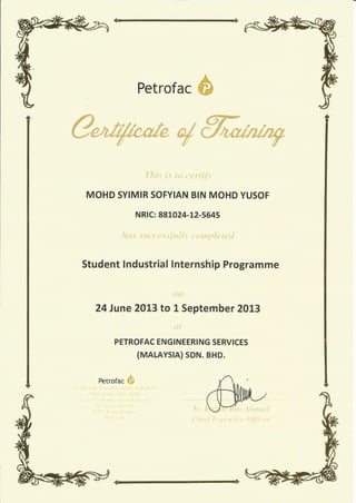 PETROFAC INTERNSHIP CERTIFICATE | PDF
