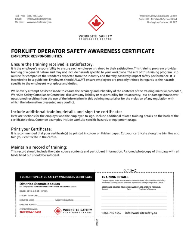 Forklift Operator Certificate | PDF