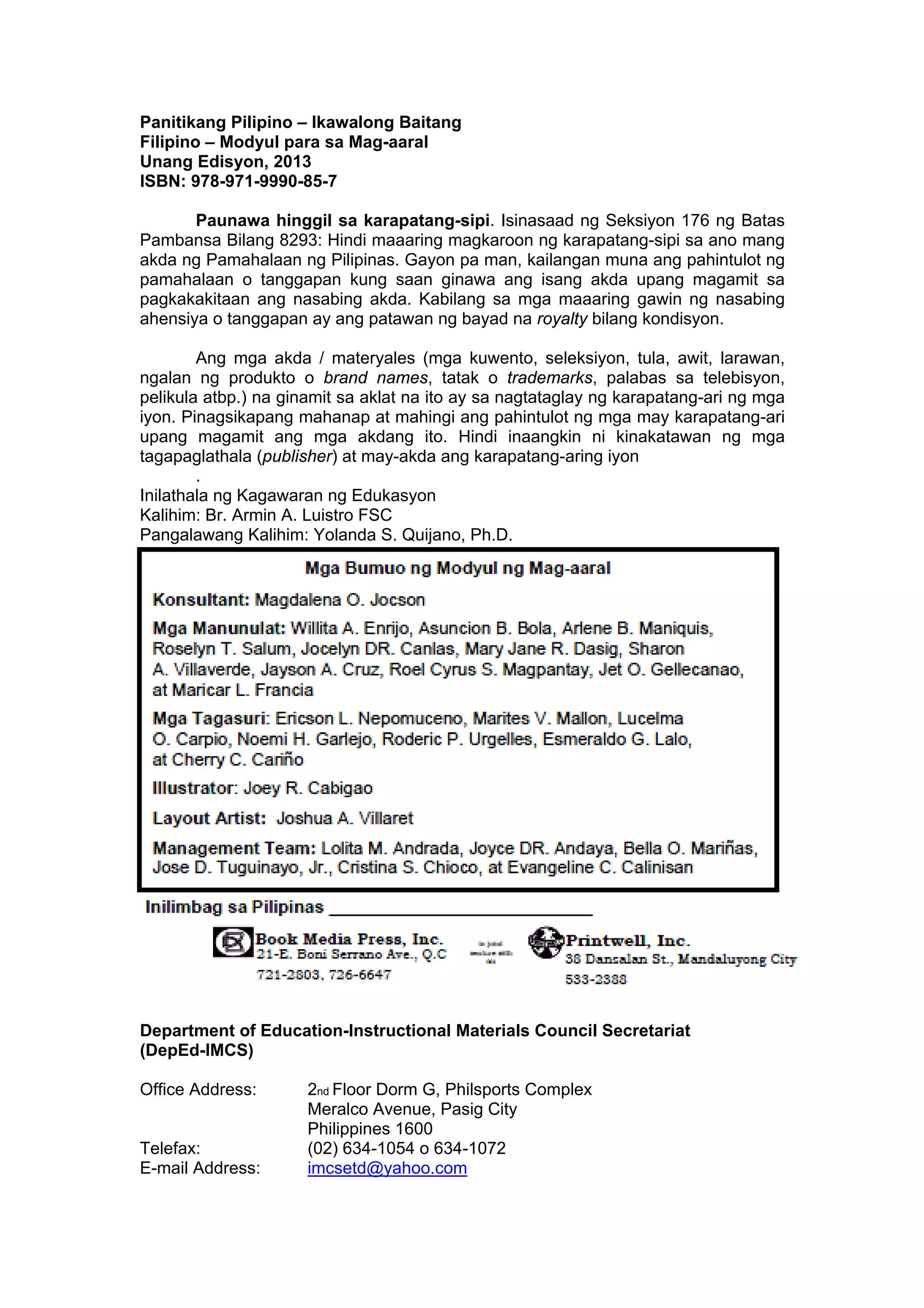 Grade 8 Learning Module in Filipino - Complete | PDF