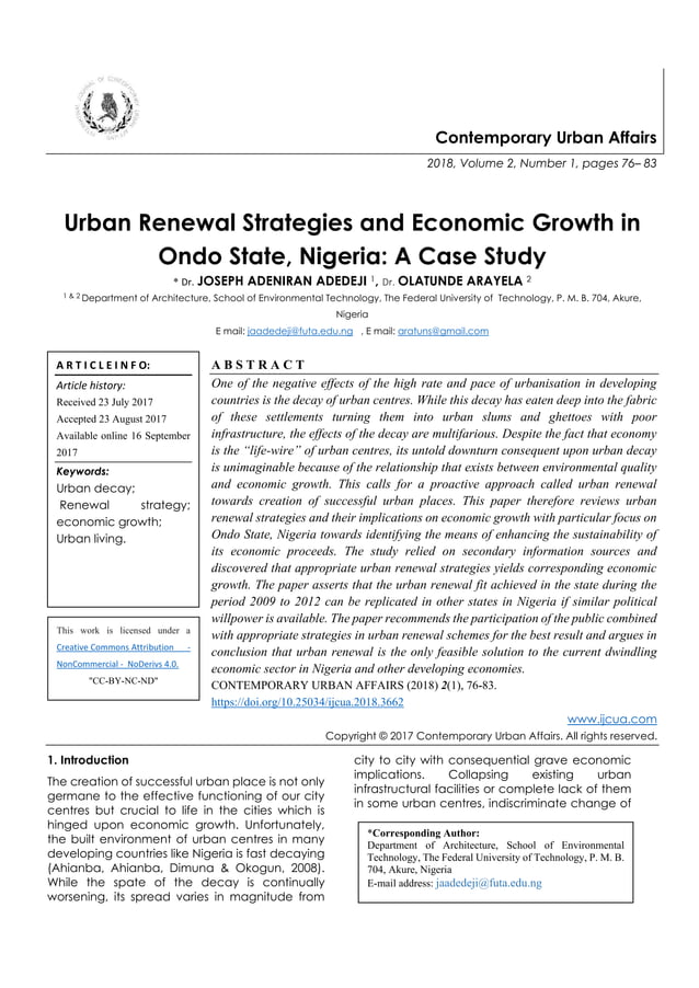 Urban Renewal Strategies and Economic Growth in Ondo State, Nigeria: A ...