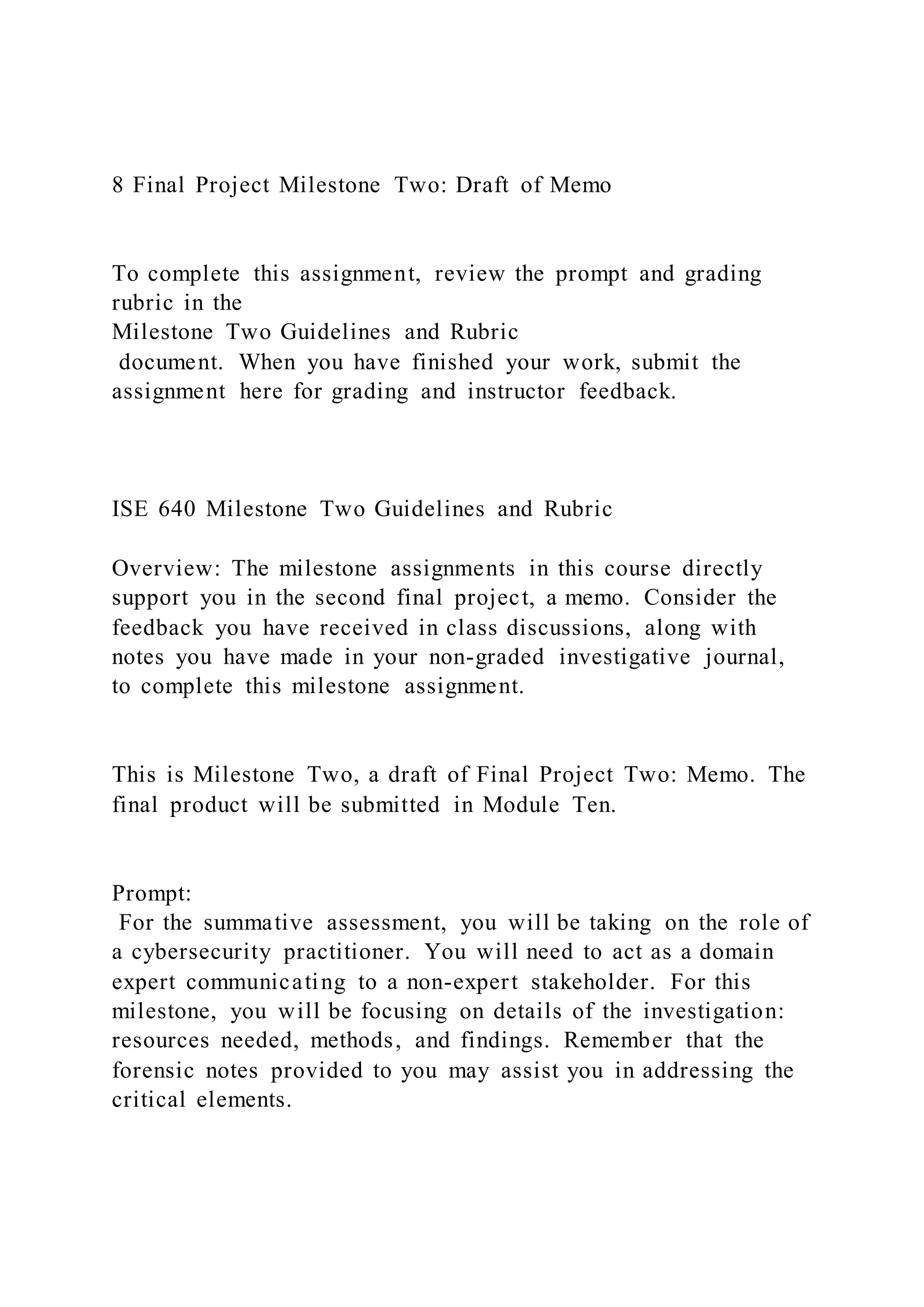 8 Final Project Milestone Two Draft of MemoTo complete this | DOCX