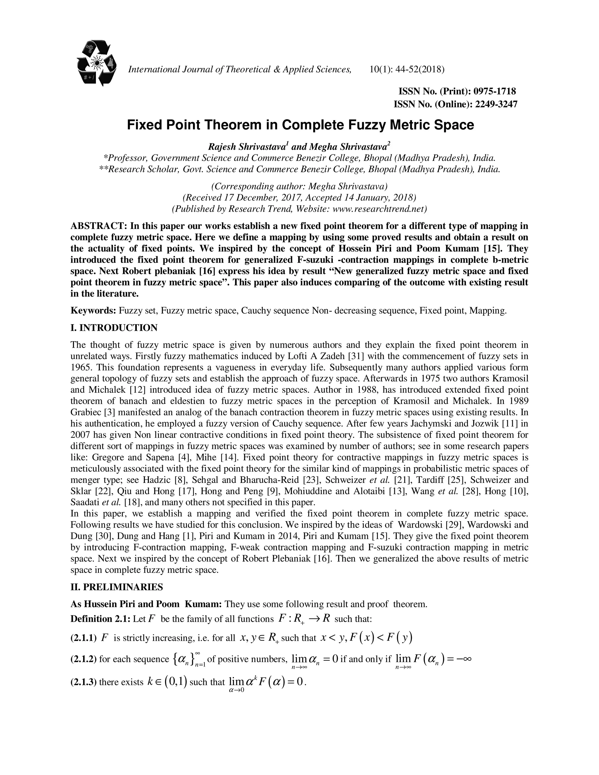 8 fixed point theorem in complete fuzzy metric space 8 megha shrivastava | PDF