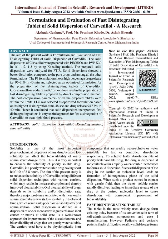 Formulation and Evaluation of Fast Disintegrating Tablet of Solid ...