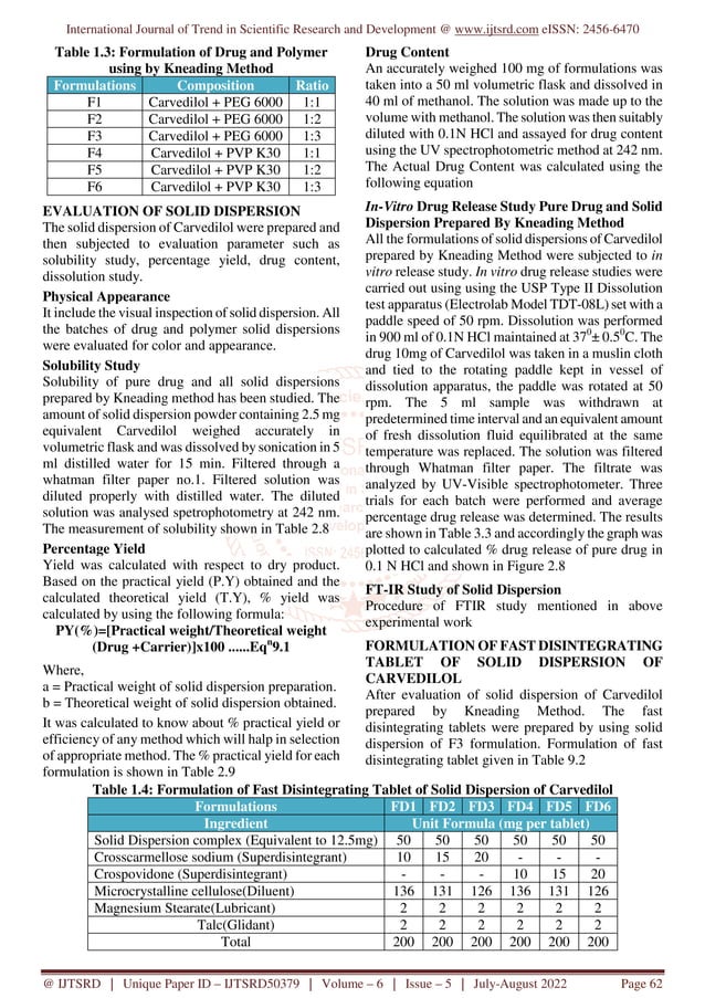 Formulation And Evaluation Of Fast Disintegrating Tablet Of Solid Dispersion Of Carvedilol A