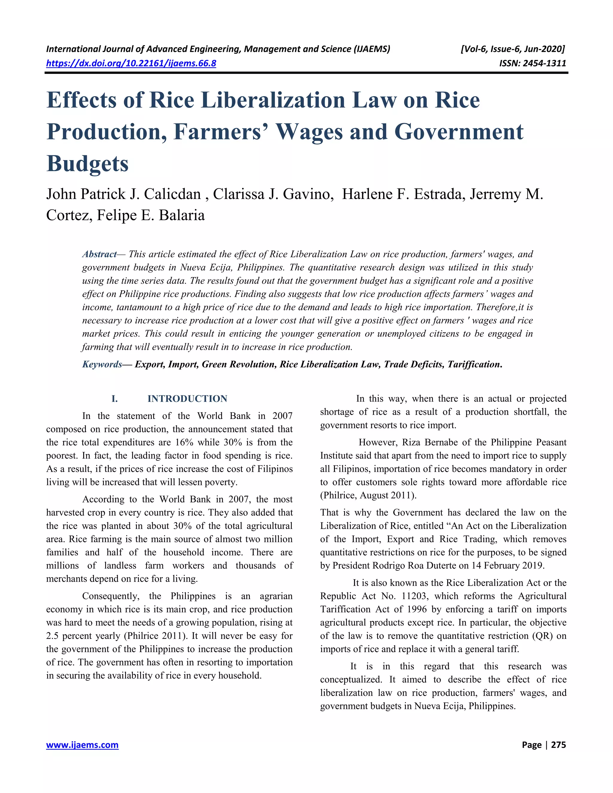 Effects of Rice Liberalization Law on Rice Production, Farmers’ Wages ...