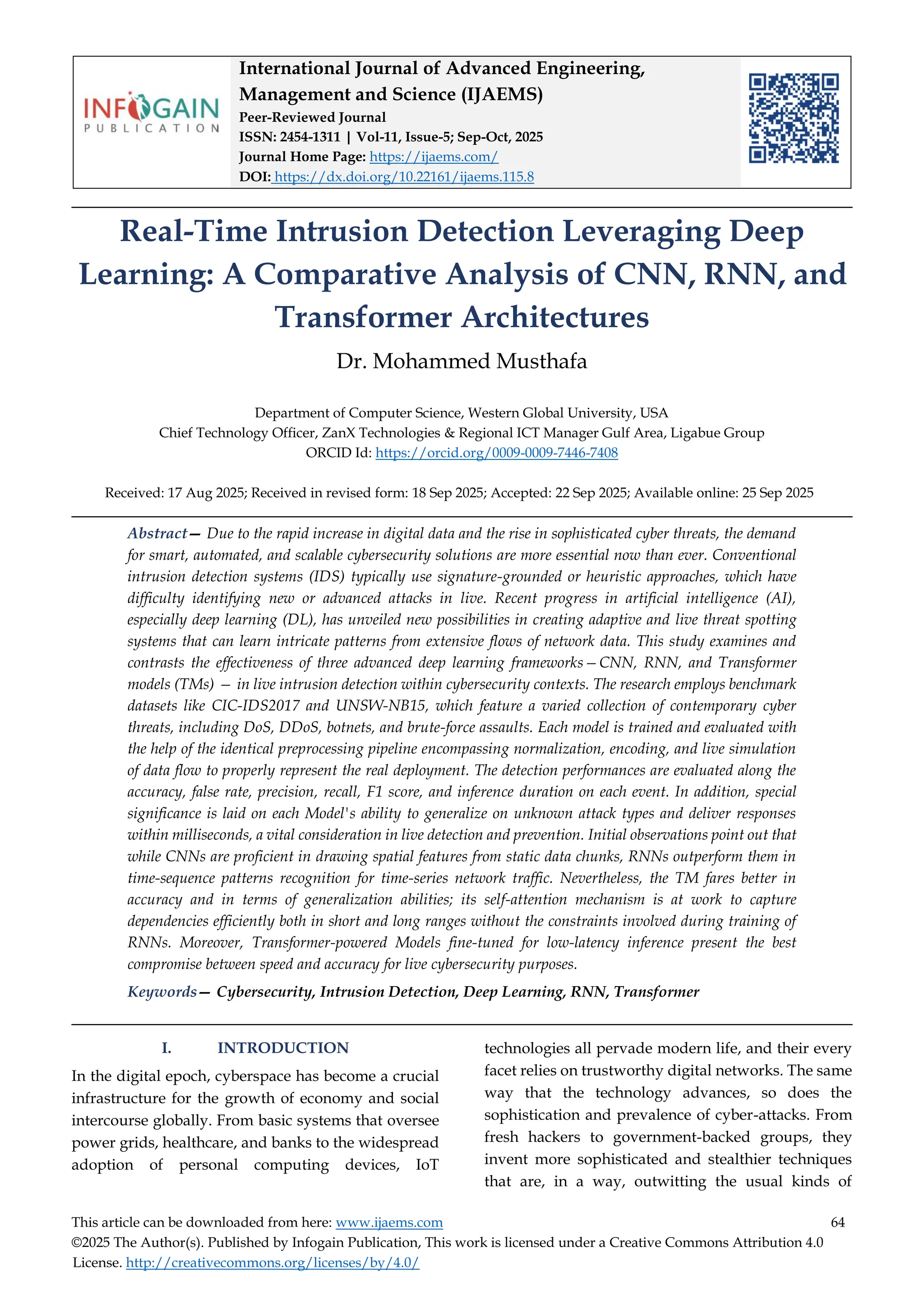 Real-Time Intrusion Detection Leveraging Deep Learning: A Comparative Analysis of CNN, RNN, and ...