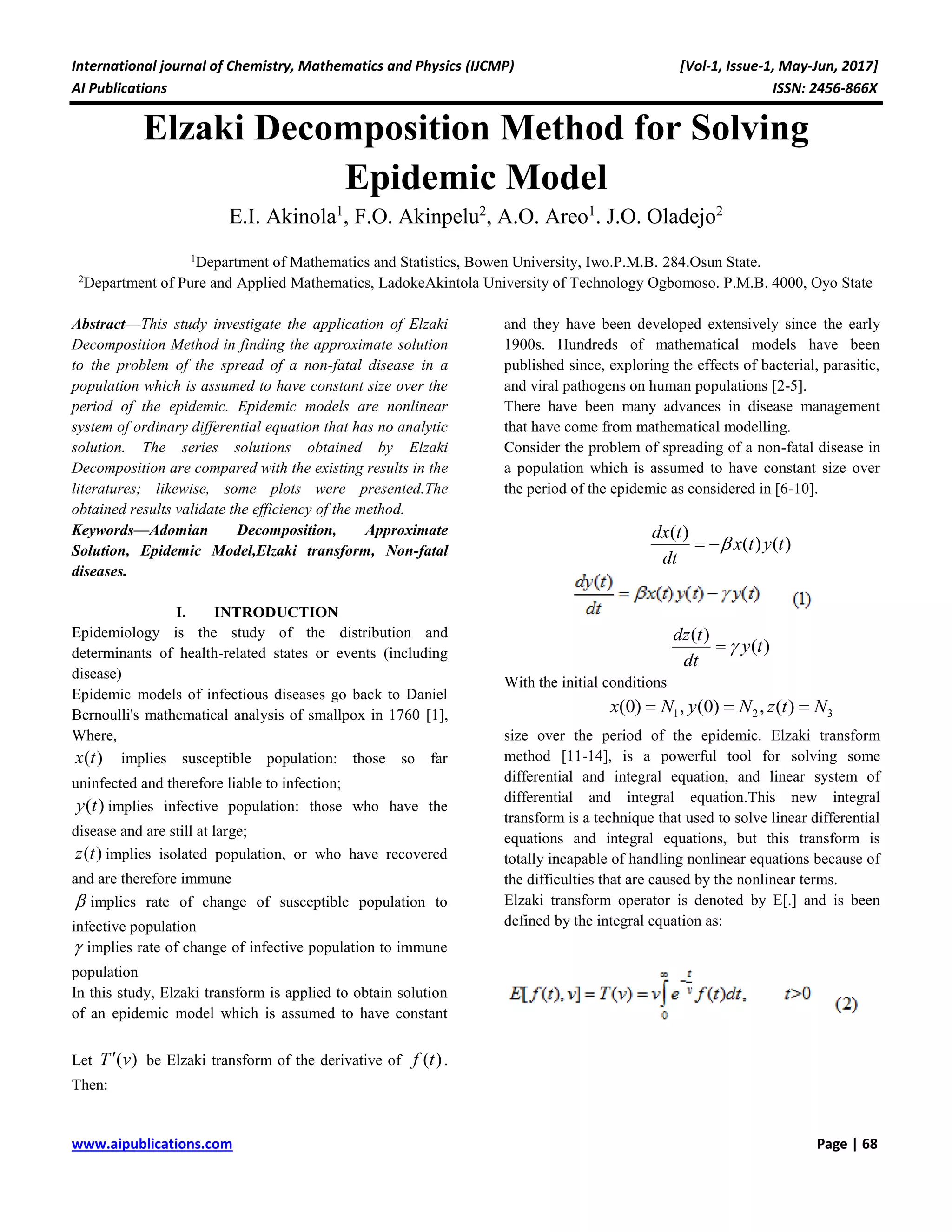 Elzaki Decomposition Method for Solving Epidemic Model | PDF