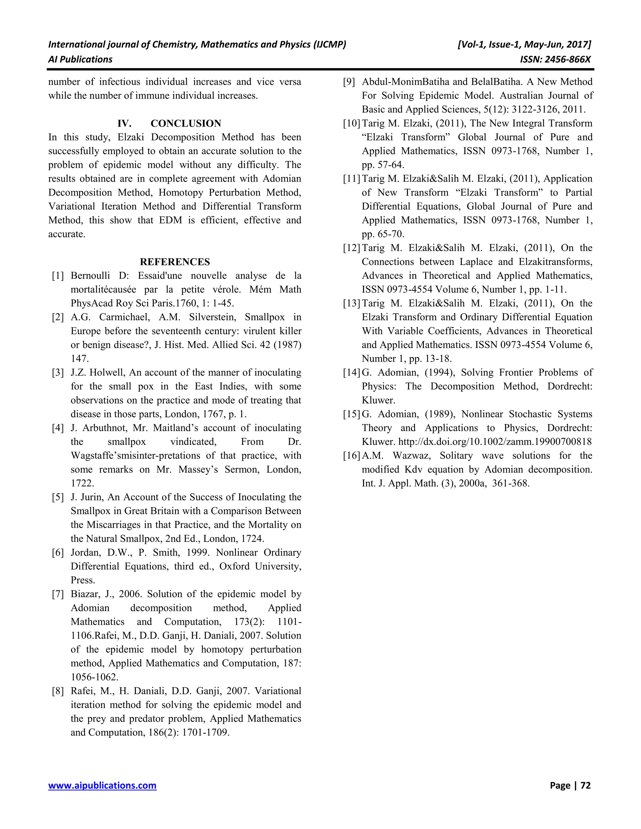 Elzaki Decomposition Method for Solving Epidemic Model | PDF