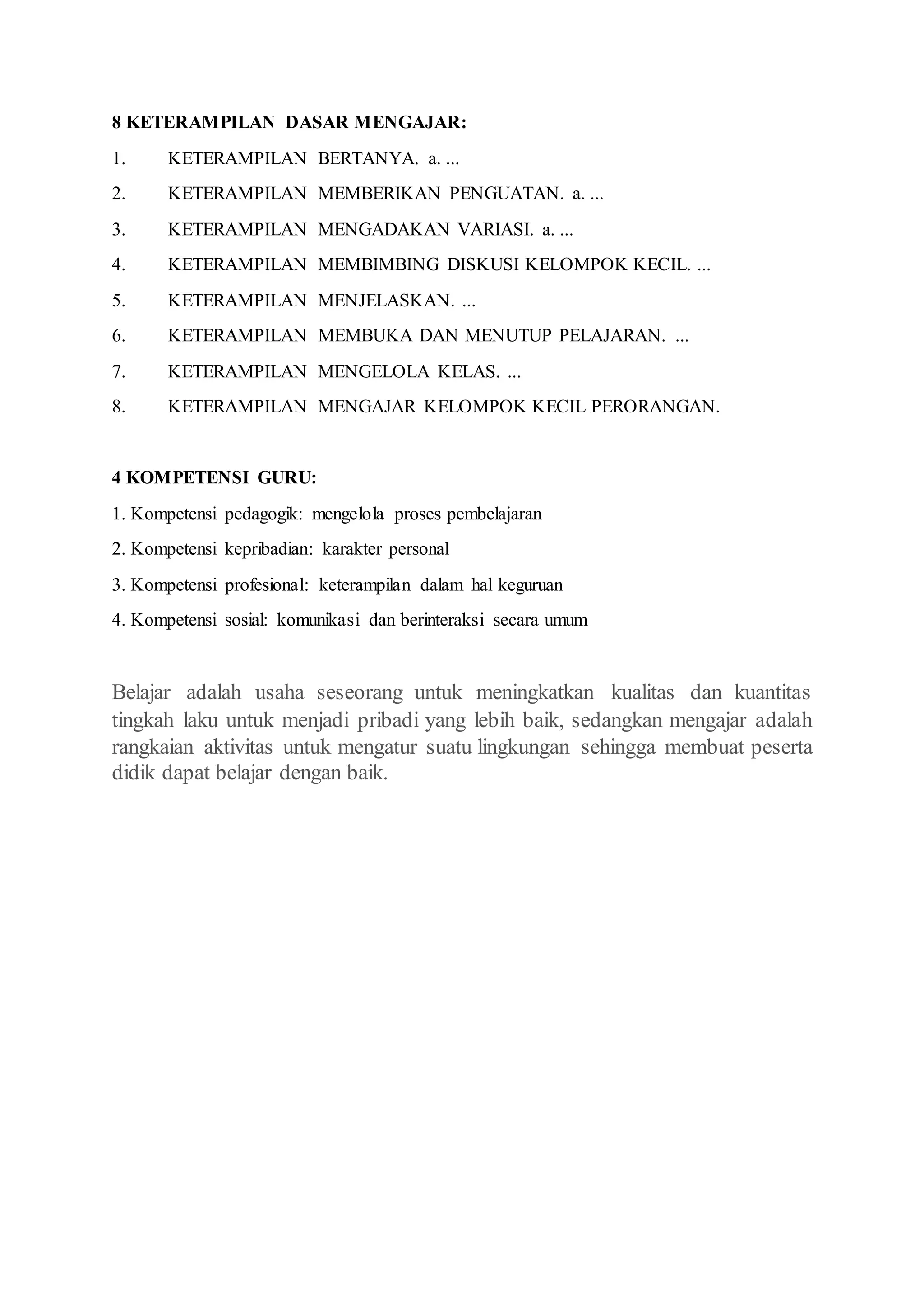 8 keterampilan dasar mengajar | DOCX