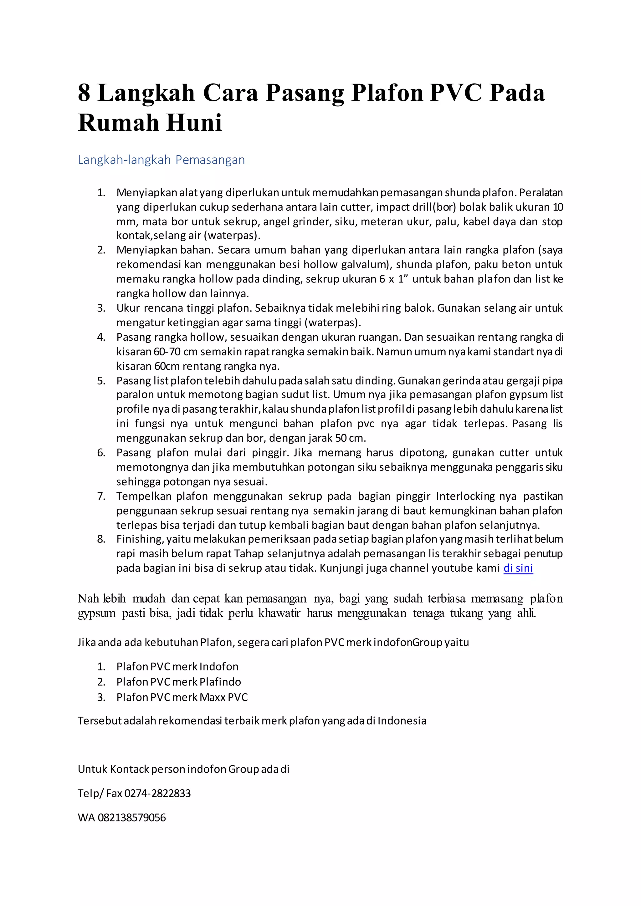 8 langkah cara pasang plafon pvc pada rumah huni | DOCX