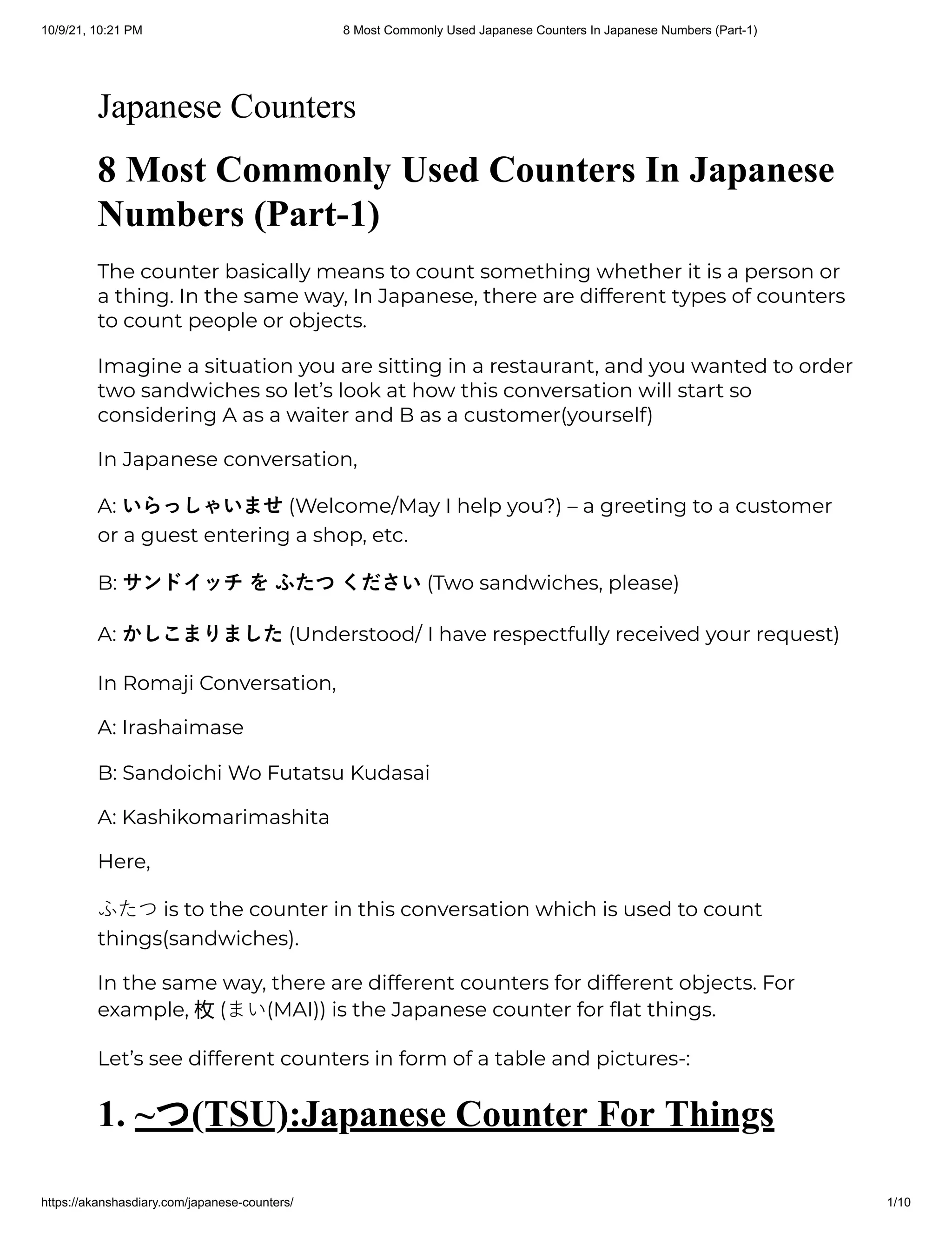 8 most commonly used japanese counters in japanese numbers (part 1) | PDF