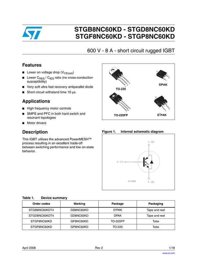 Original N-CHANNEL MOSFET GP8NC60KD 8NC60KD 8NC60 15A 600V TO-220 New STMicroelectronics | PDF