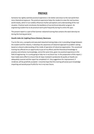 Report OF Summer Training inHAVELLS INDIA LTD.(Lighting Fixture ...