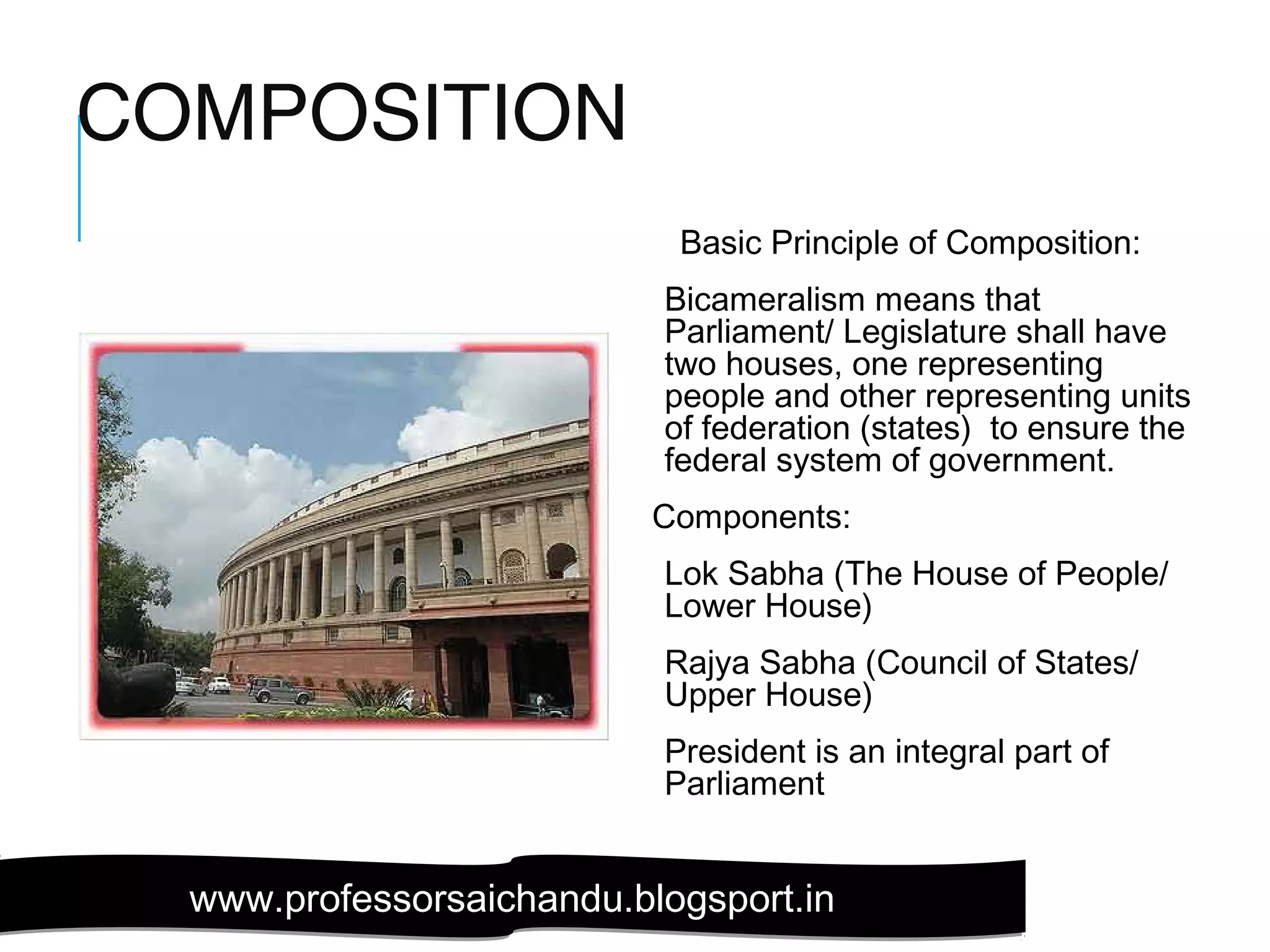 parliament composition, powers and role Indian Constitution | PPT