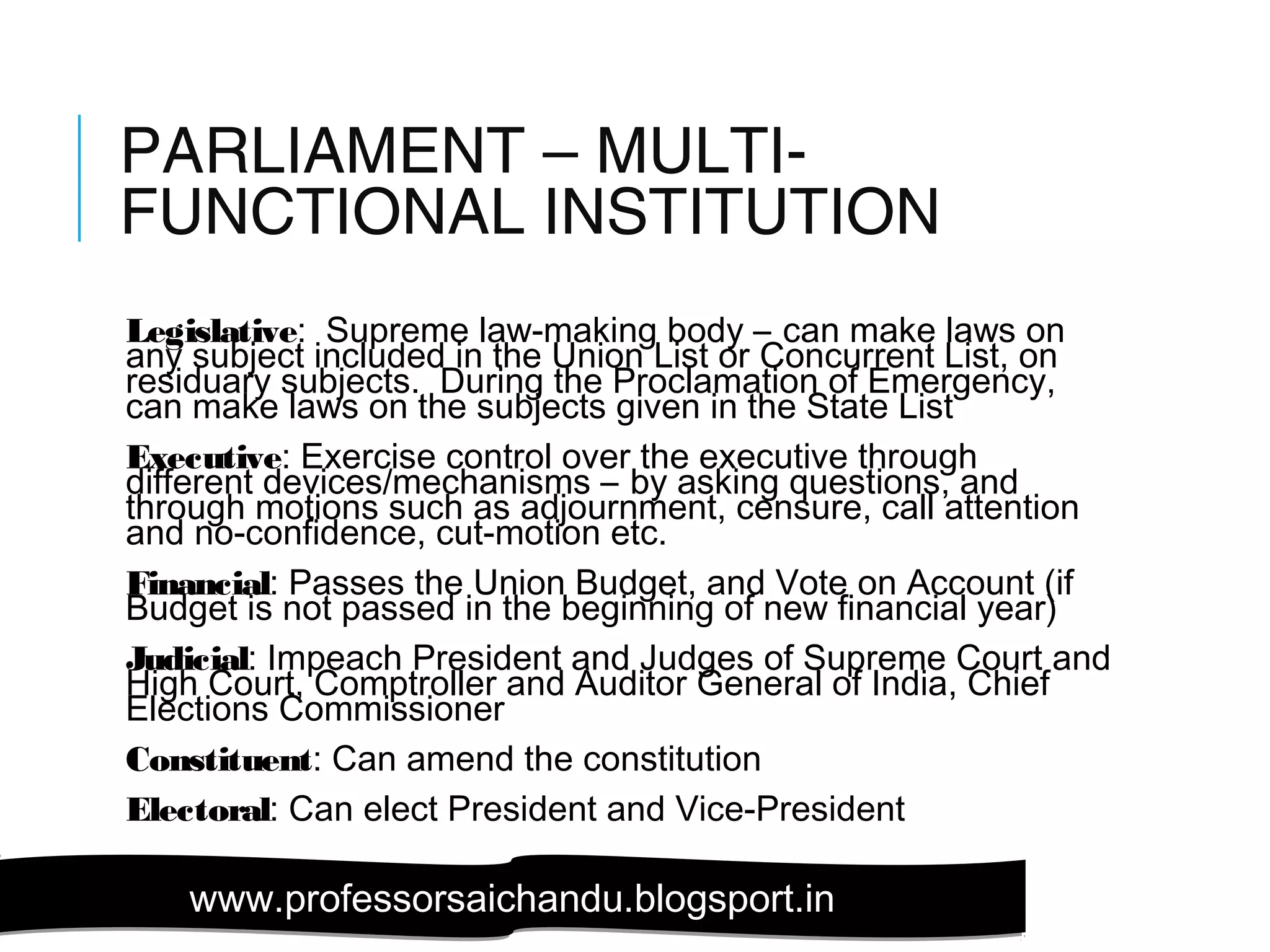 parliament composition, powers and role Indian Constitution | PPT