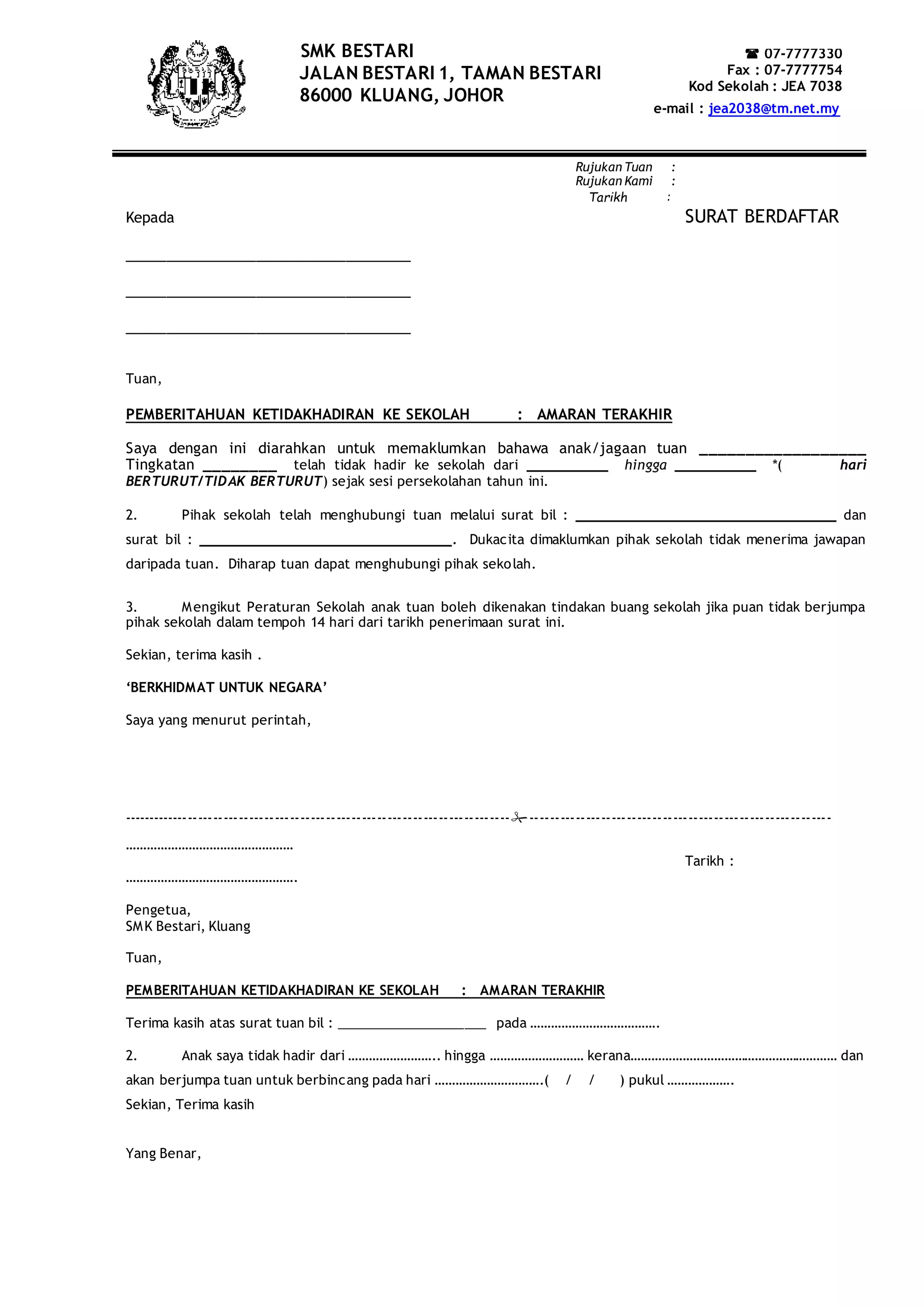 8 ponteng sekolah surat-surat amaran | DOC