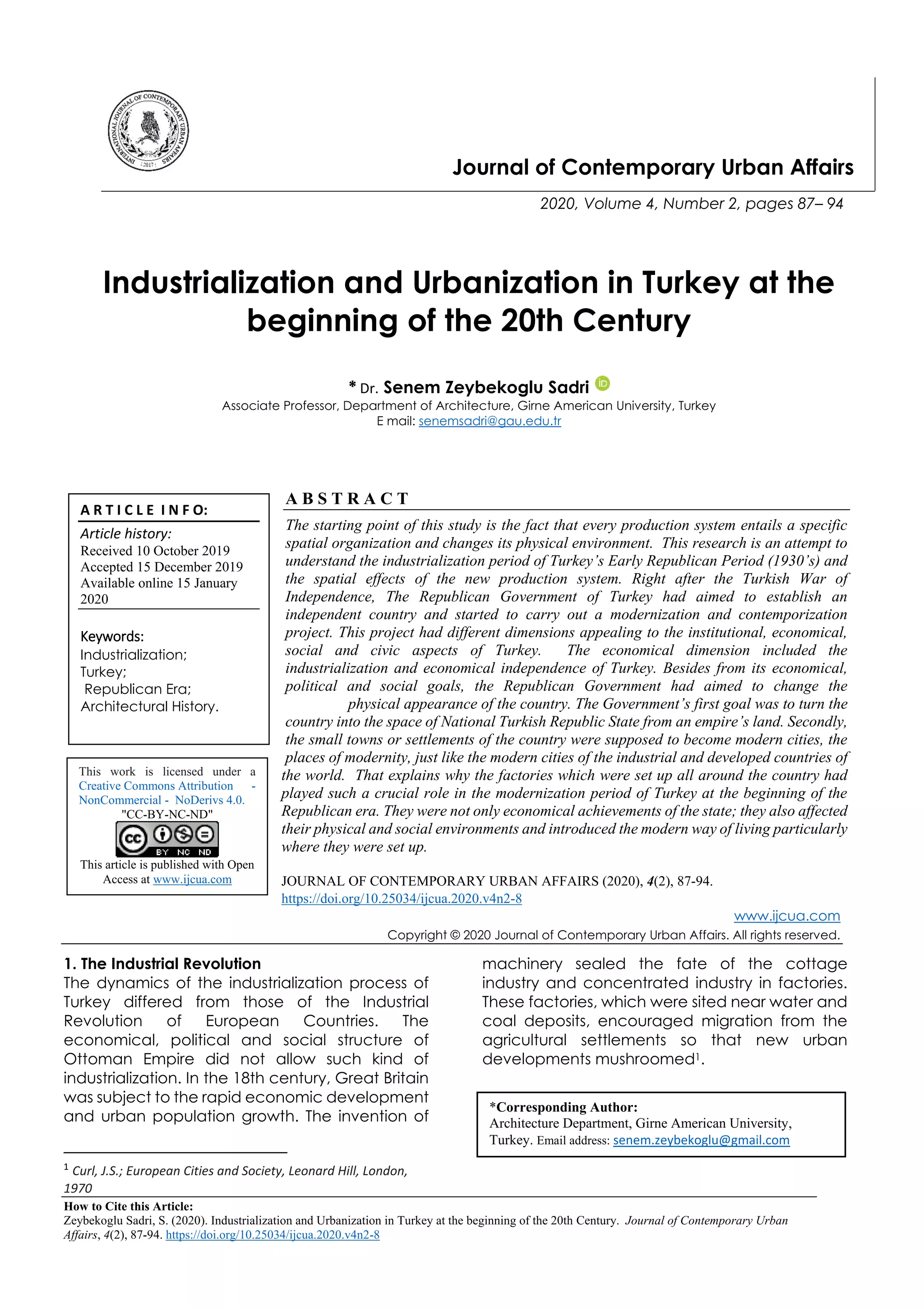 Industrialization and Urbanization in Turkey at the beginning of the ...