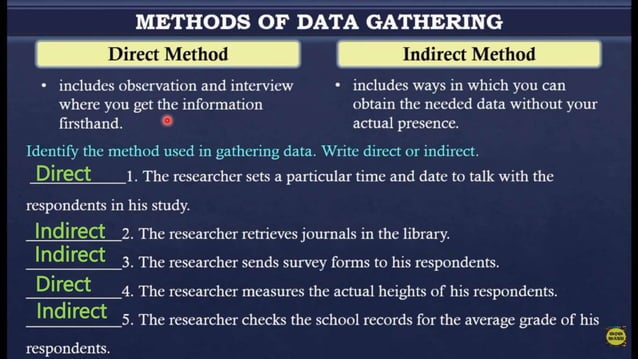 DATA GATHERING - Sampling, Direct and Indirect Method etc.pptx | Free ...