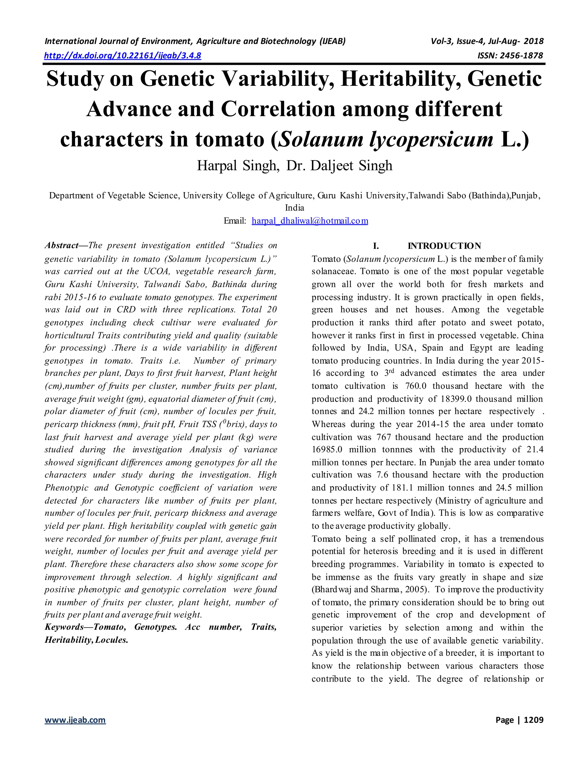 Study on Genetic Variability, Heritability, Genetic Advance and Correlation among different ...