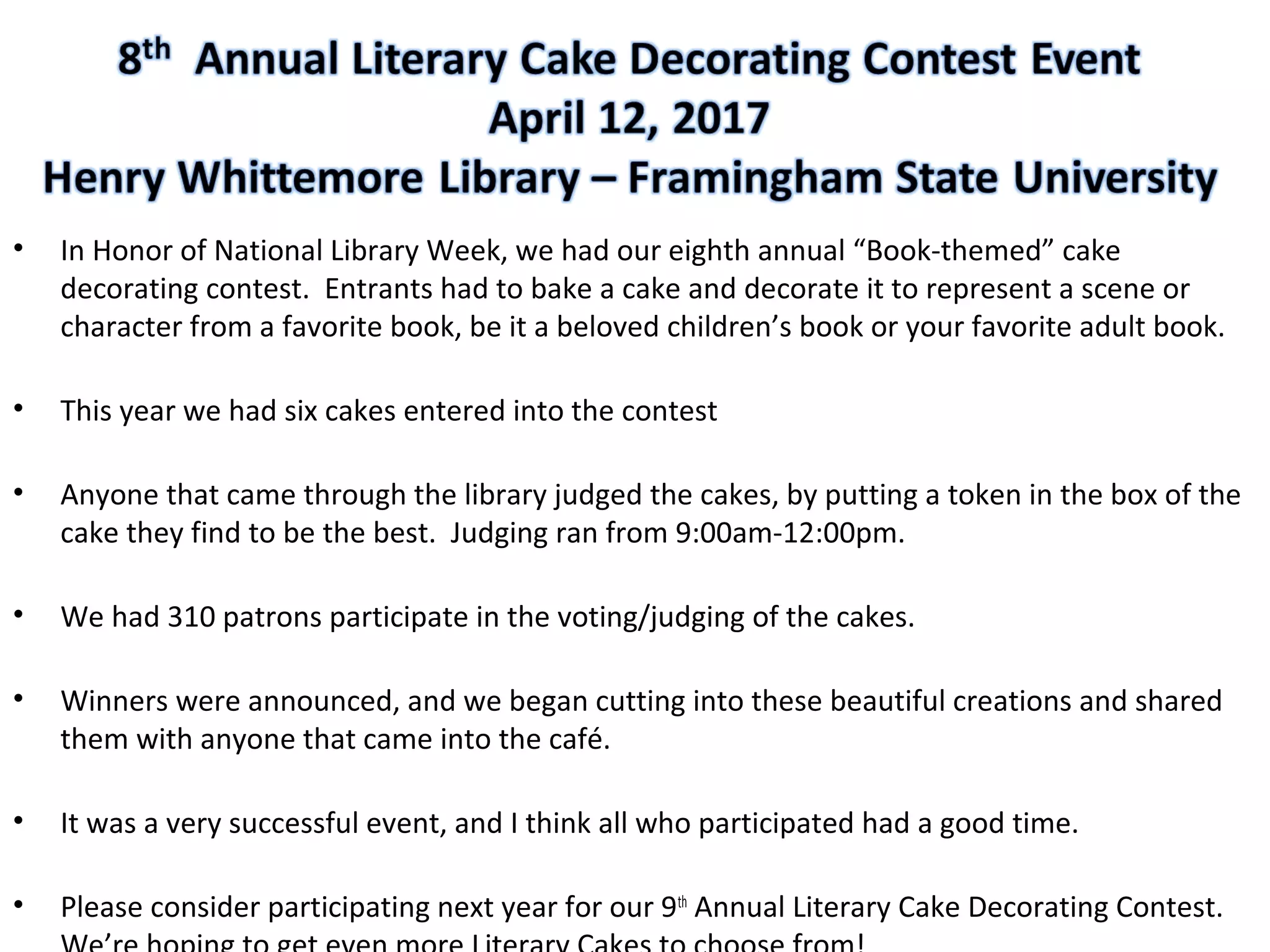8th Annual Literary Cake Decorating Contest | PPT