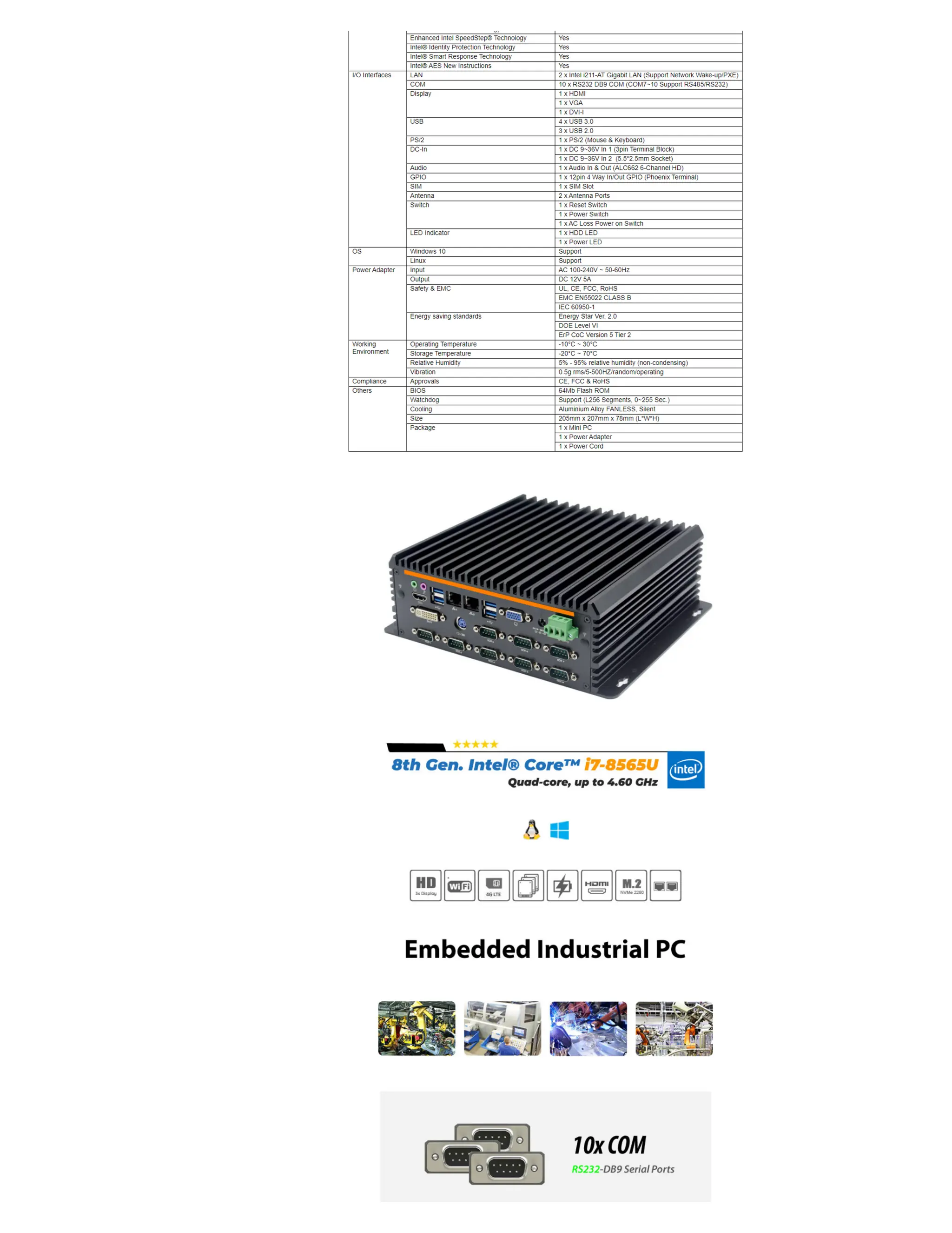 8th Gen. Intel® i7-8565U 10 COM Fanless Industrial Mini PC MNHO-082 | PDF