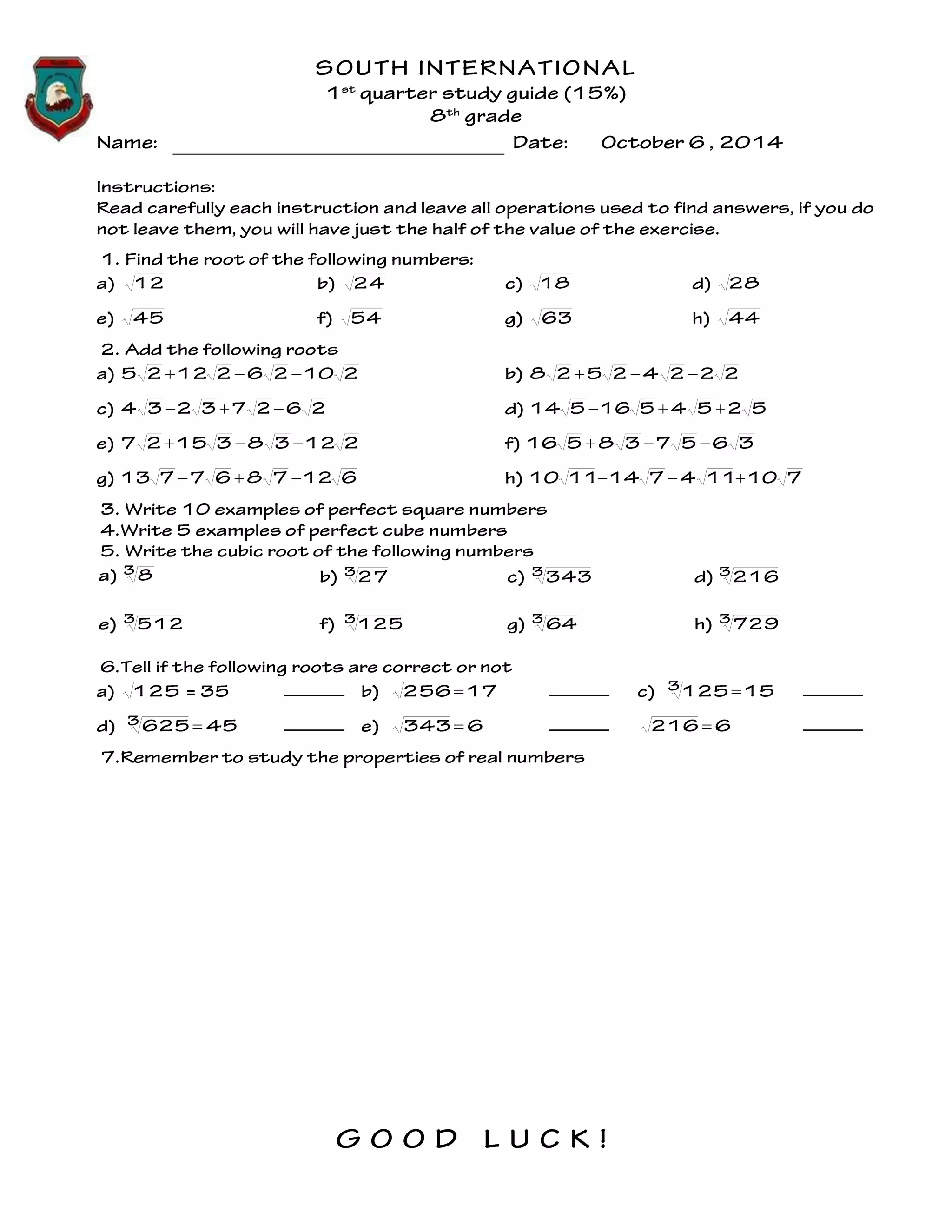 8th grade 1st partial study guide 2014 | PDF