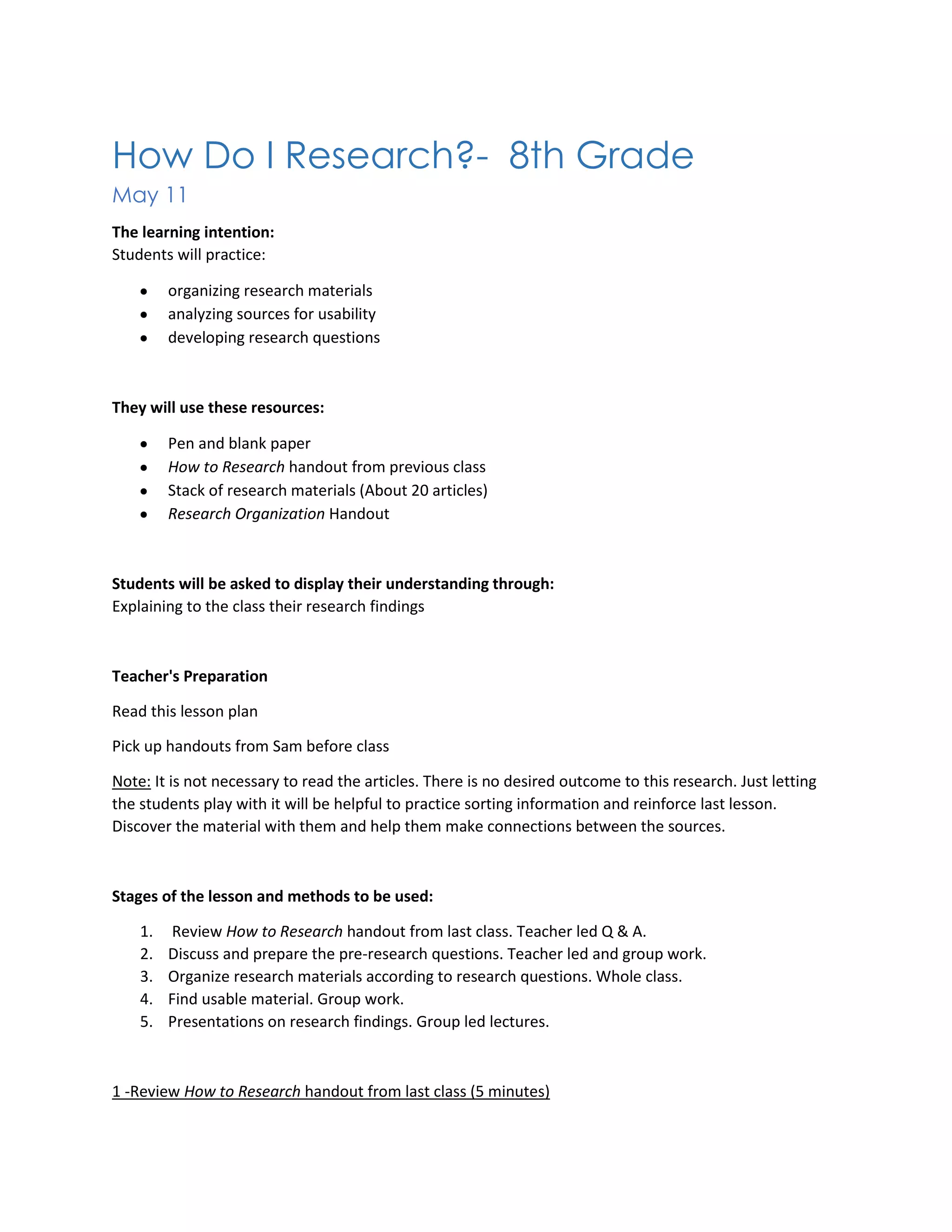 Research Activity Lesson Plan | DOCX