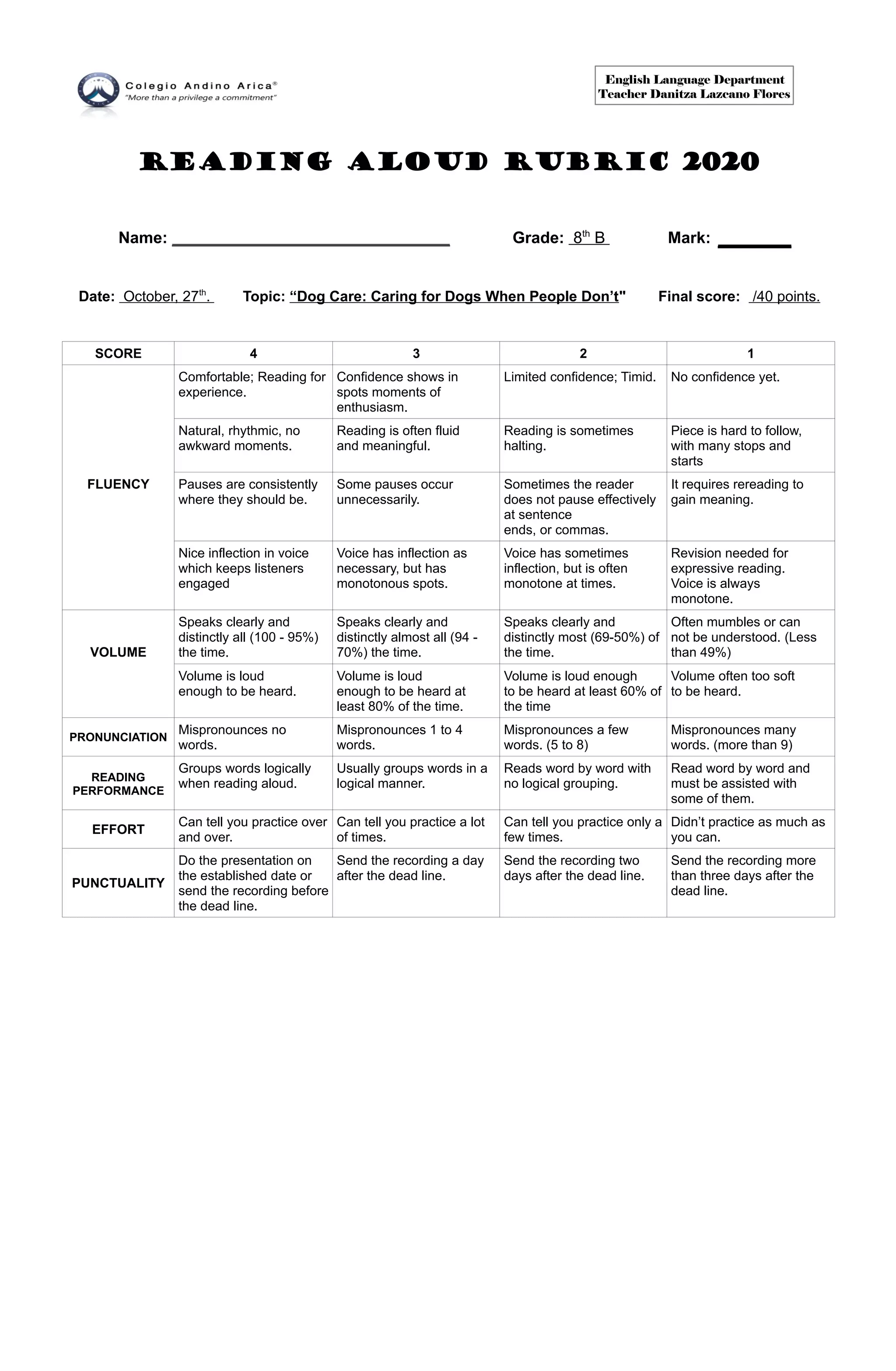 Reading Aloud Rubric Evaluation 2020 | PDF