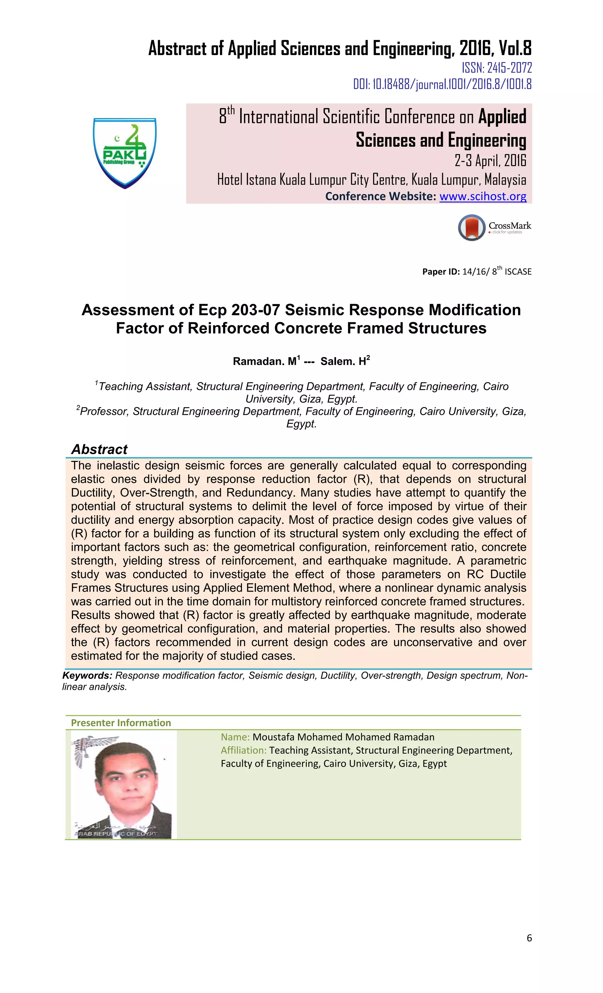 Assessment of Ecp 203-07 Seismic Response Modification Factor of ...