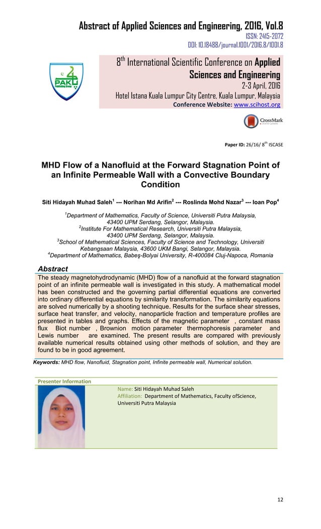 MHD Flow of a Nanofluid at the Forward Stagnation Point of an Infinite Permeable Wall with a ...