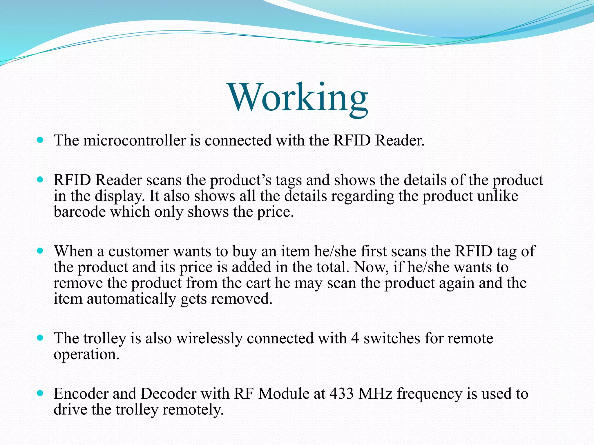 Smart shopping trolley using rfid and remote controlling | PPTX