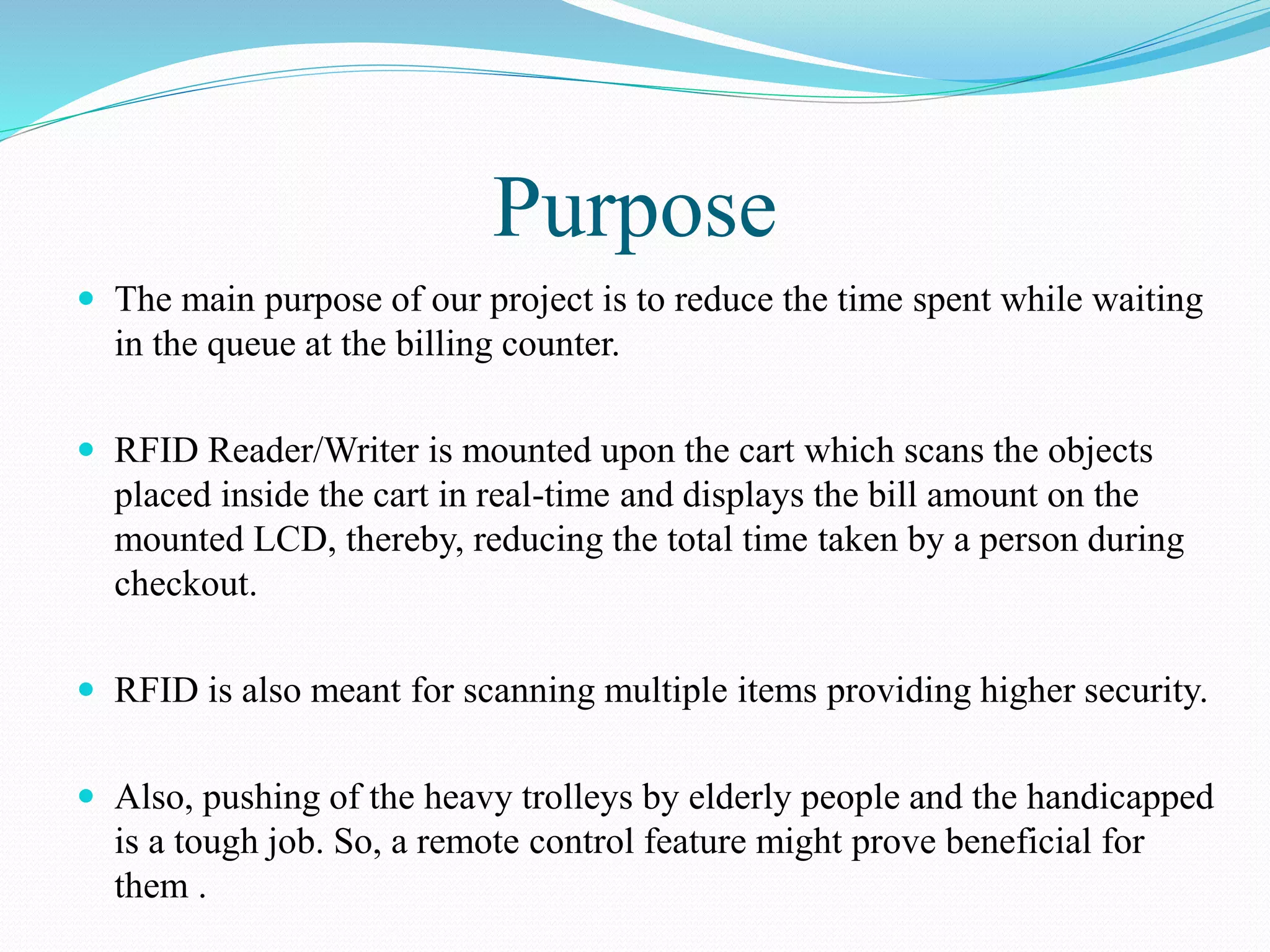 Smart shopping trolley using rfid and remote controlling | PPTX