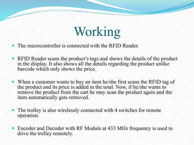 Smart shopping trolley using rfid and remote controlling | PPTX