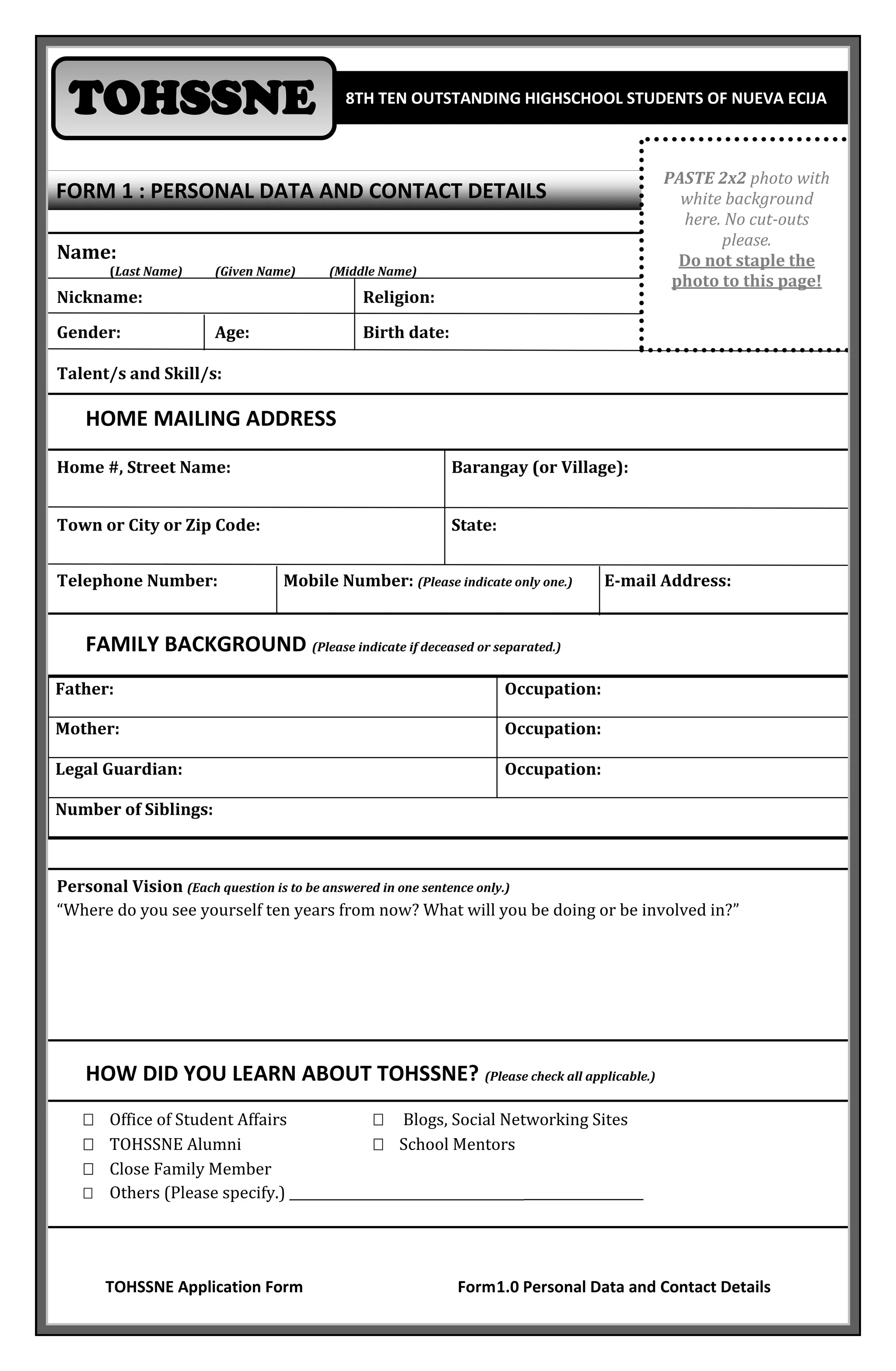 8th TOHSSNE Application Forms | PDF