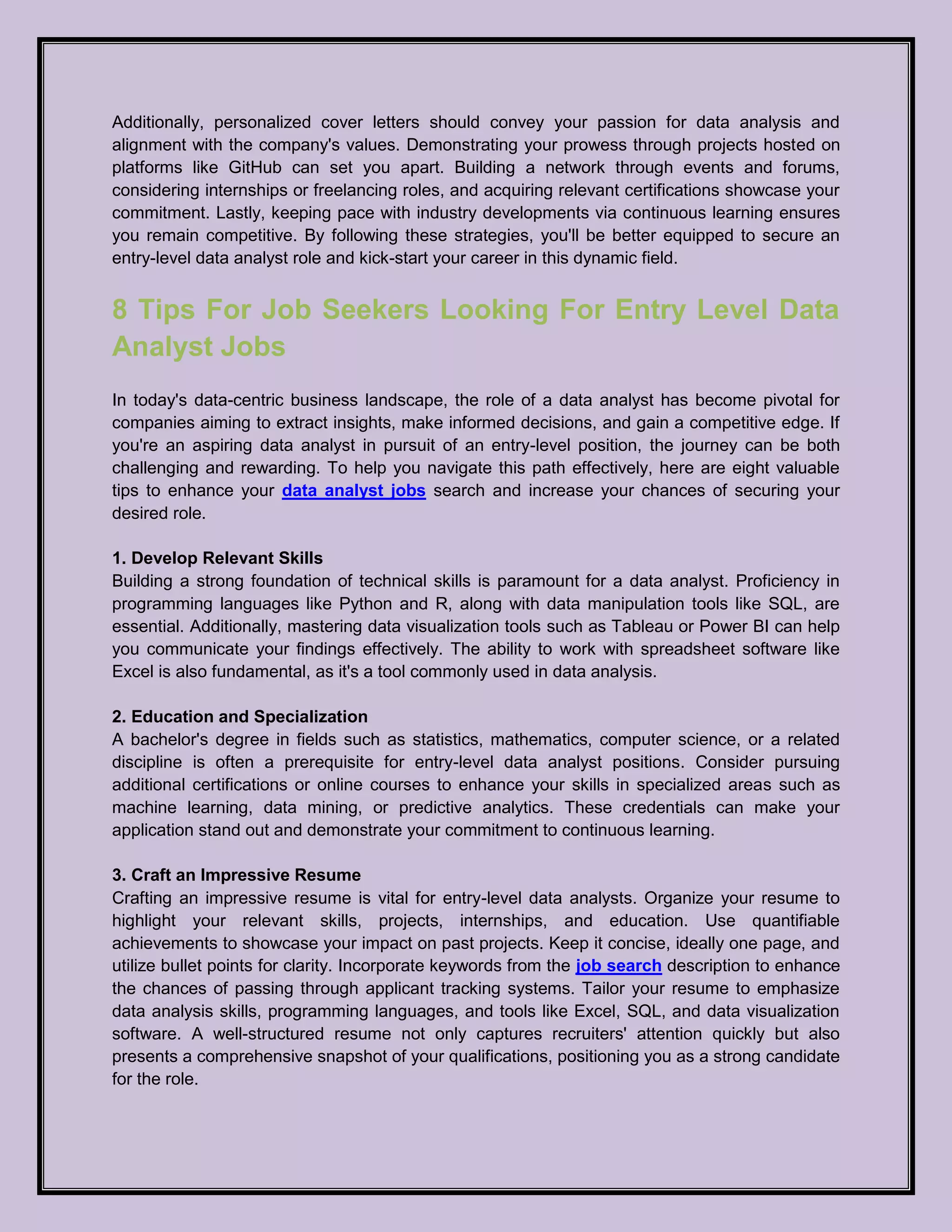 8 Tips For Job Seekers Looking For Entry Level Data Analyst Jobs | PDF