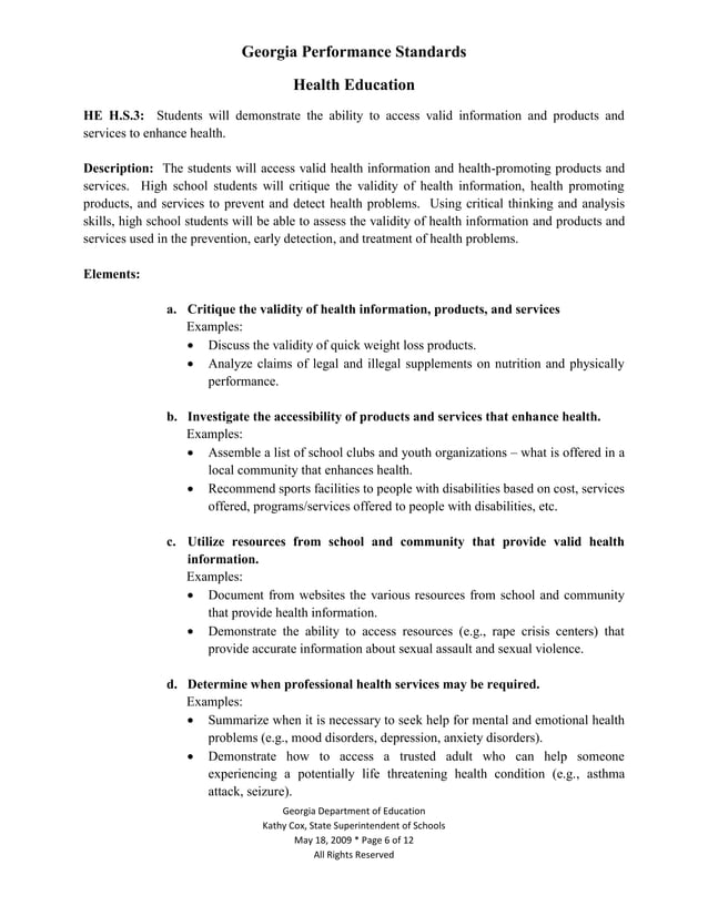 Georgia Health Education Standards | PDF
