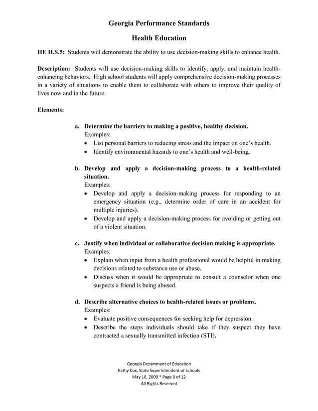 Georgia Health Education Standards | PDF