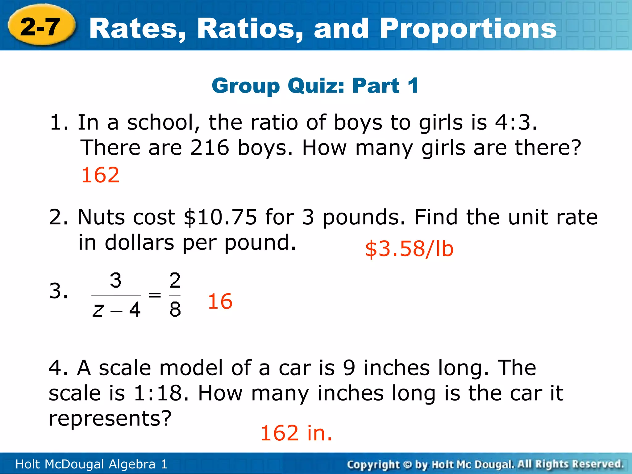 Algebra 1. 9.12 Lesson. Proportions | PPT