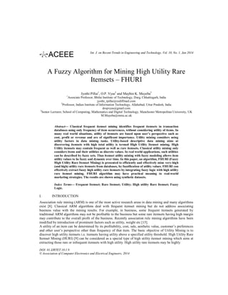A Fuzzy Algorithm for Mining High Utility Rare Itemsets – FHURI | PDF