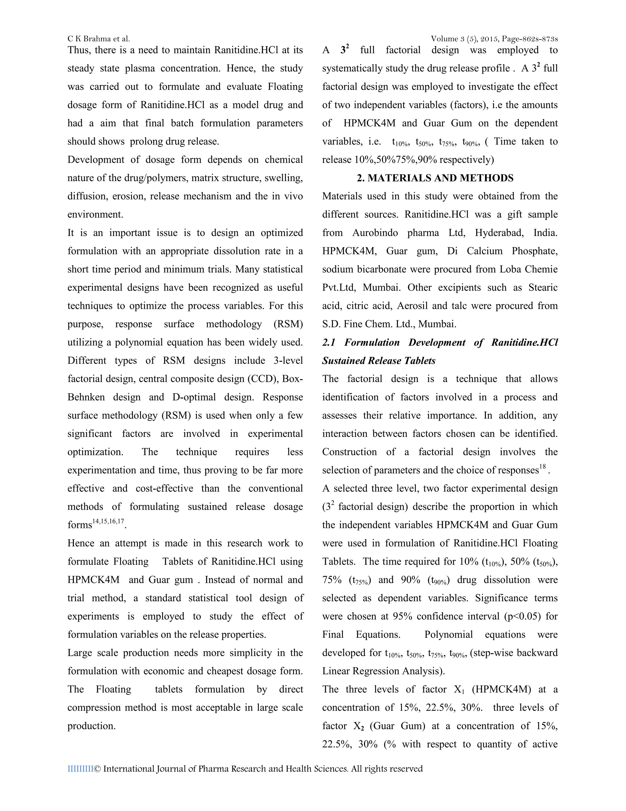 Design Formulation and Evaluation of Ranitidine HCl Gastro Retentive Floating Tablets | PDF