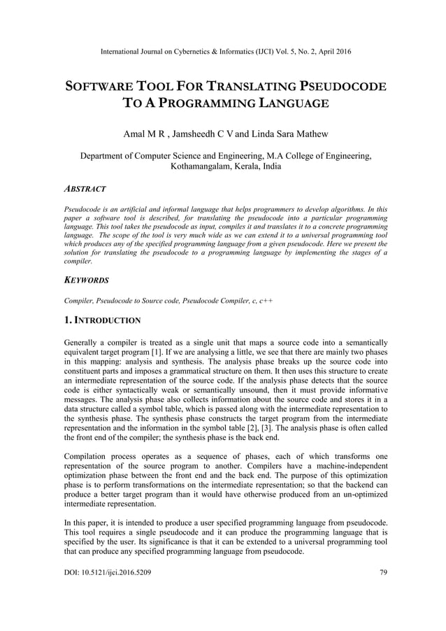 SOFTWARE TOOL FOR TRANSLATING PSEUDOCODE TO A PROGRAMMING LANGUAGE | PDF